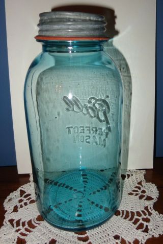OLD ANTIQUE BLUE GLASS BALL PERFECT MASON HALF GALLON CANNING JAR ZINC ...