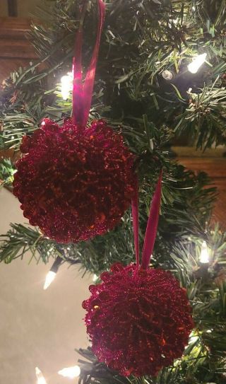Set 2 Vintage Red Beaded Sequin Dangling Christmas Tree Ball Ornaments ...