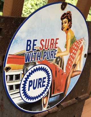 VINTAGE PORCELAIN PURE GASOLINE SIGN “BE SURE WITH PURE” GAS MOTOR OIL ...
